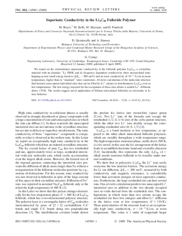 (PDF) Superionic Conductivity in the Li4C60 Fulleride Polymer