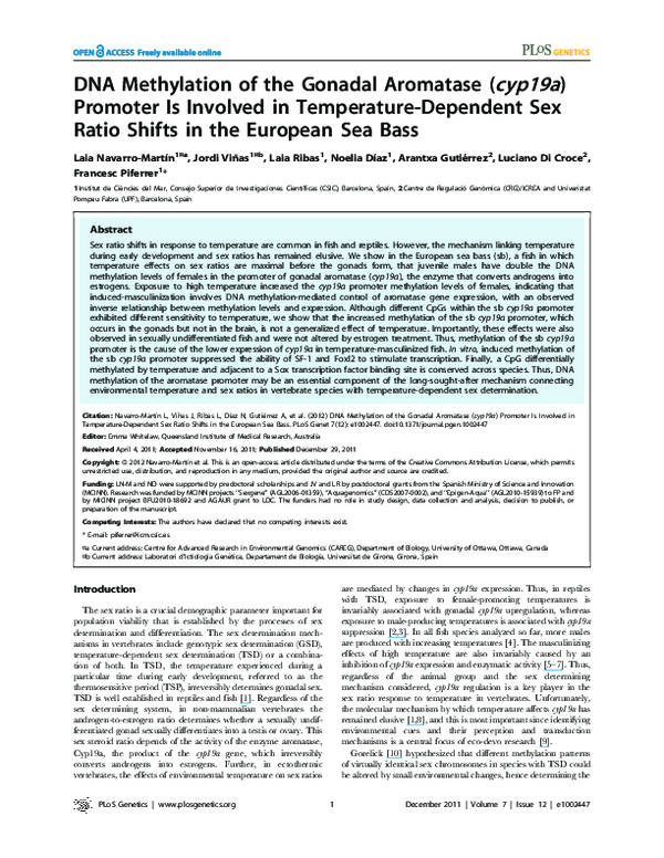 (PDF) DNA Methylation of the Gonadal Aromatase (cyp19a) Promoter Is ...