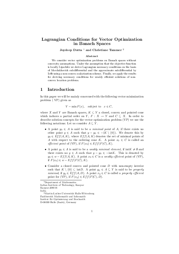Pdf Lagrangian Conditions For Vector Optimization In Banach Spaces