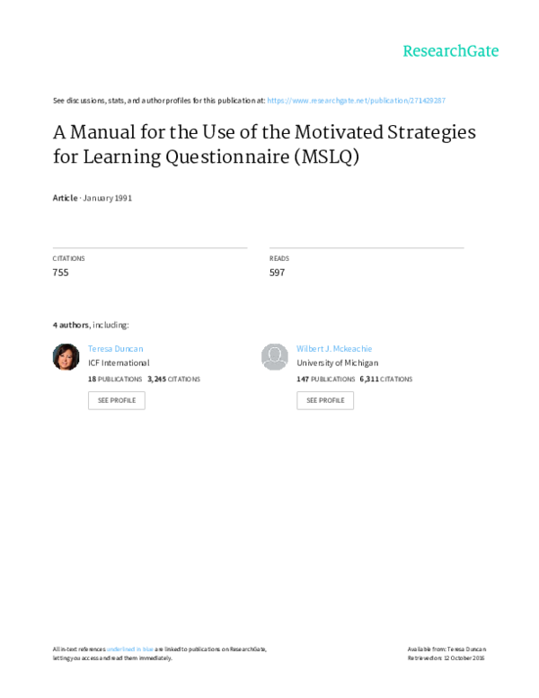 (PDF) A Manual for the Use of the Motivated Strategies for Learning ...