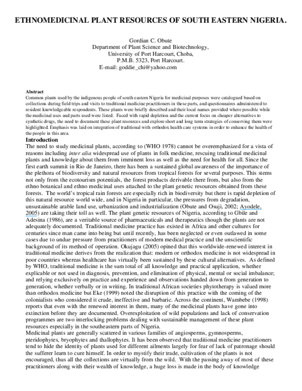 (PDF) Ethnomedicinal Plant Resources of Southeastern Nigeria