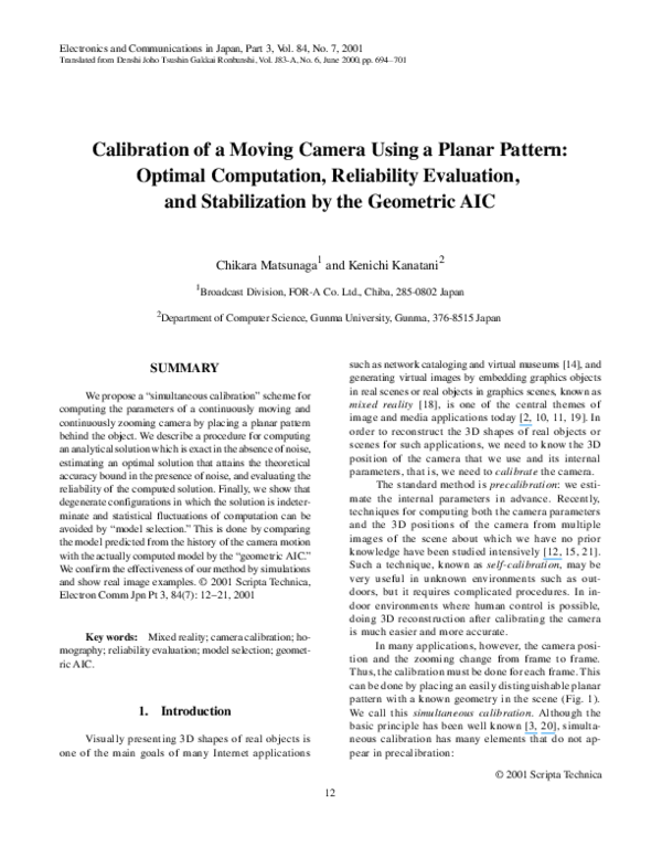 (PDF) Calibration of a Moving Camera Using a Planar Pattern: Optimal Computation, Reliability ...