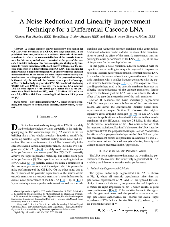 (PDF) A Noise Reduction and Linearity Improvement Technique for a Differential Cascode LNA