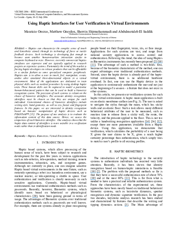 (PDF) Using Haptic Interfaces for User Verification in Virtual Environments