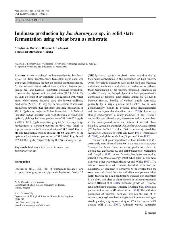 (PDF) Inulinase production by Saccharomyces sp. in solid state fermentation using wheat bran as ...