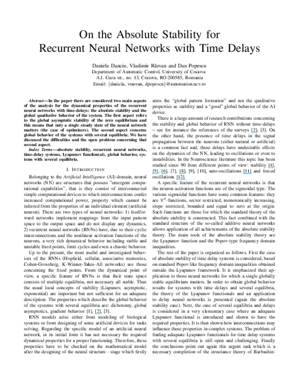(PDF) On the absolute stability for recurrent neural networks with time delays