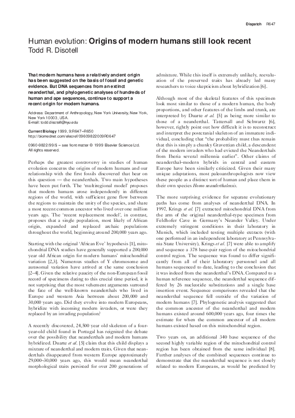 (PDF) Human evolution: Origins of modern humans still look recent