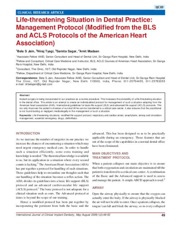 (PDF) Life-threatening Situation in Dental Practice: Management ...