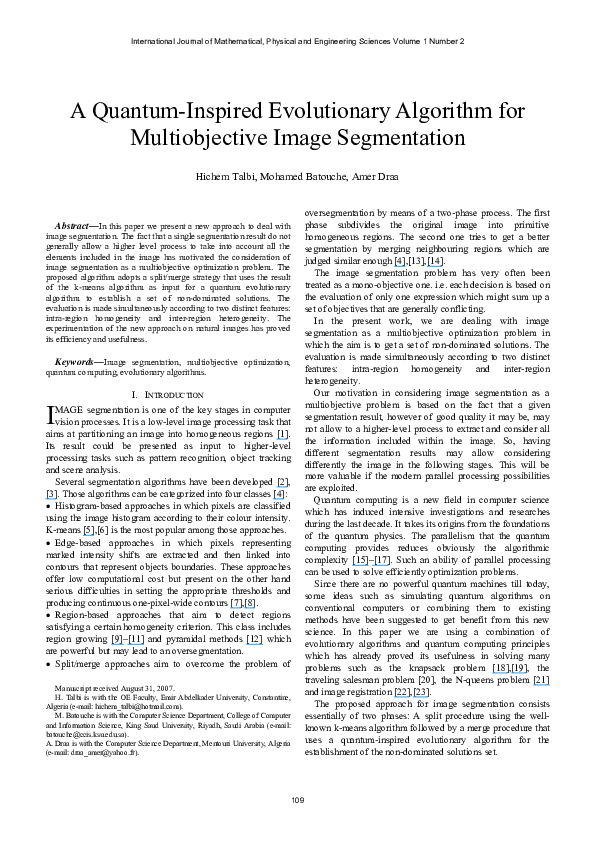 Pdf A Quantum Inspired Evolutionary Algorithm For Multiobjective Image Segmentation