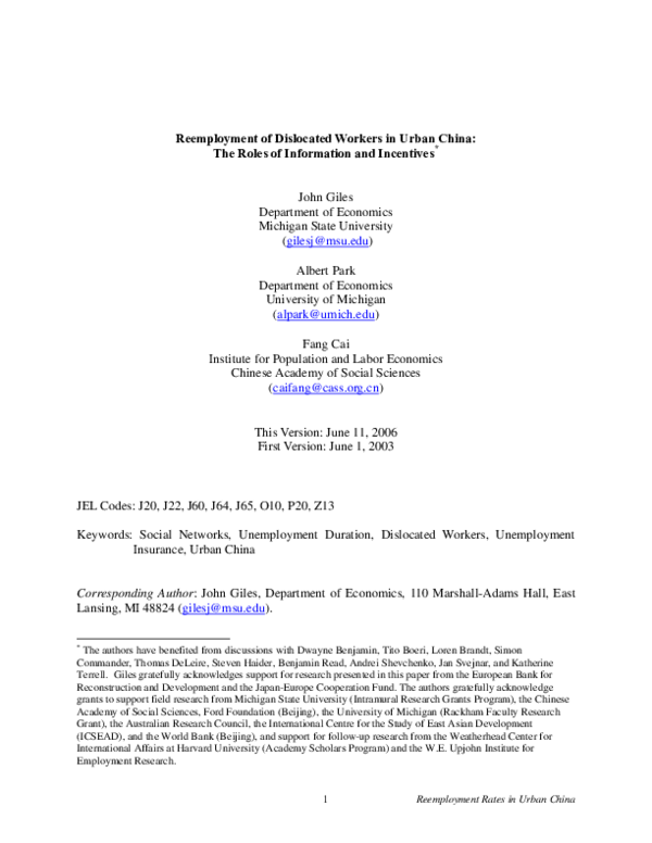 (PDF) Reemployment of dislocated workers in urban China: The roles of information and incentives