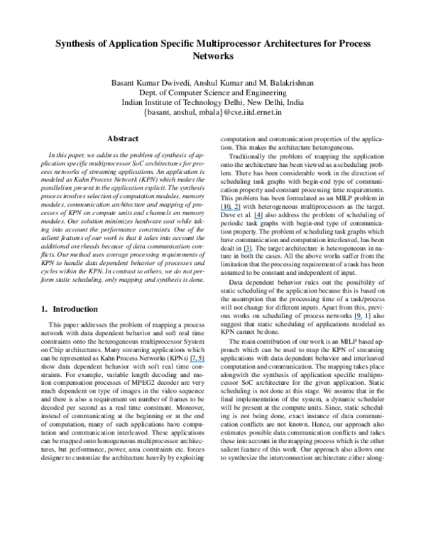 Pdf Synthesis Of Application Specific Multiprocessor Architectures For Process Networks