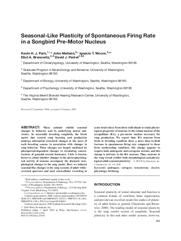 (PDF) Seasonal-Like Plasticity of Spontaneous Firing Rate In a Songbird ...