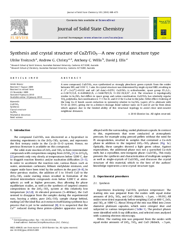 (PDF) Synthesis and crystal structure of CuZrTiO5—A new crystal ...