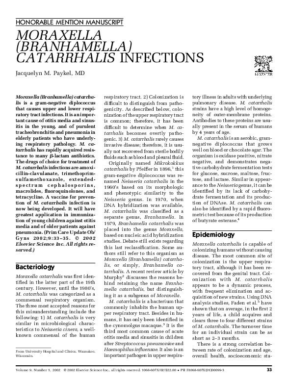 (PDF) Moraxella (branhamella) catarrhalis infections
