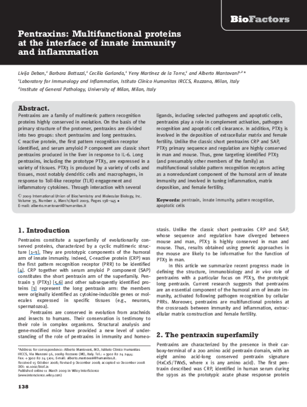(PDF) Pentraxins: Multifunctional proteins at the interface of innate immunity and inflammation