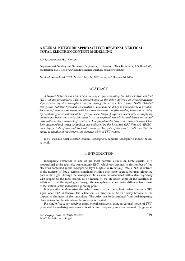 (PDF) A neural network approach for regional vertical total electron content modelling