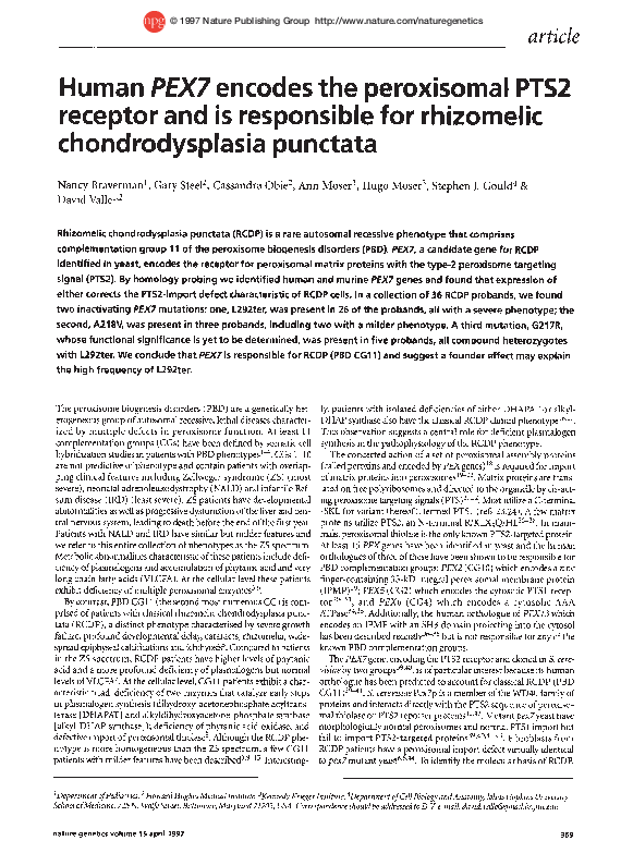 (PDF) Human PEX7 encodes the peroxisomal PTS2 receptor and is ...