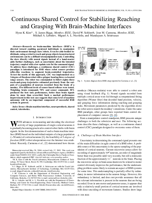 (PDF) Continuous shared control for stabilizing reaching and grasping with brain-machine interfaces