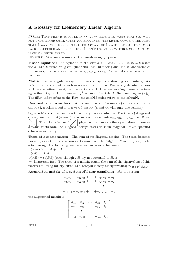 (PDF) A Glossary for Elementary Linear Algebra
