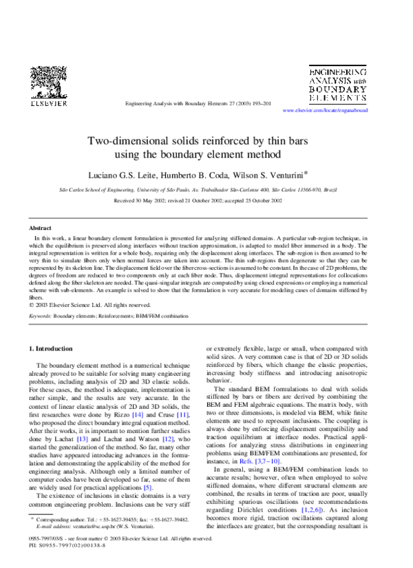 (PDF) Two-dimensional solids reinforced by thin bars using the boundary element method