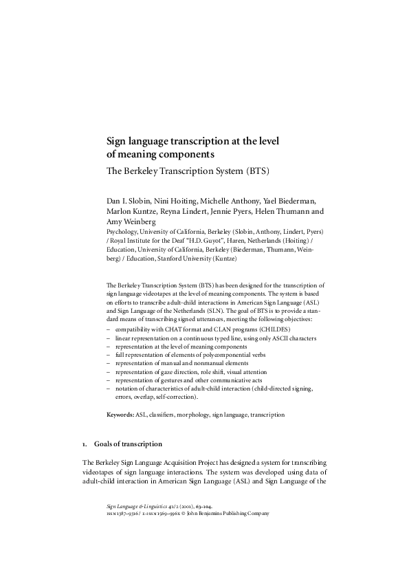 Pdf Sign Language Transcription At The Level Of Meaning Components The Berkeley Transcription