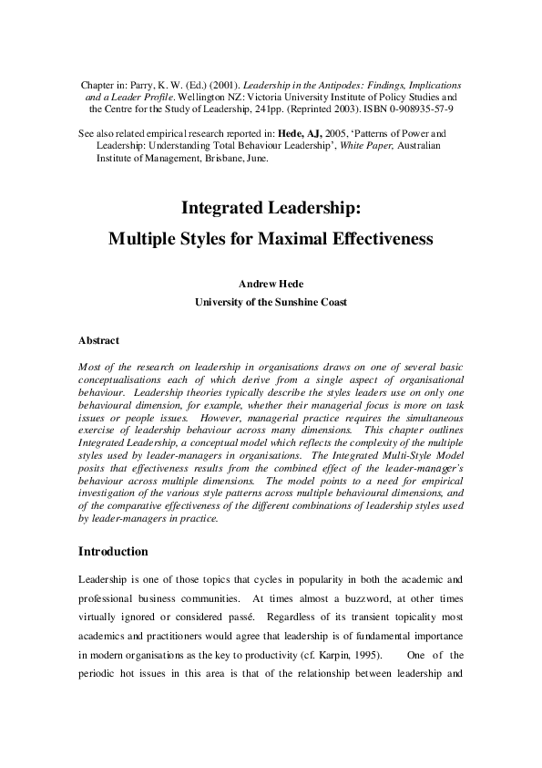 (PDF) Integrated leadership: multiple styles for maximal effectiveness