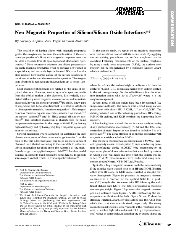 (PDF) New Magnetic Properties of Silicon/Silicon Oxide Interfaces