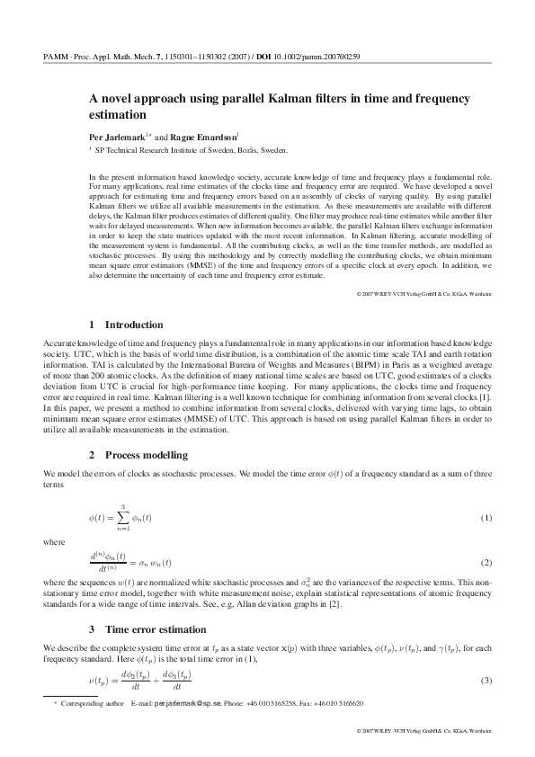 Pdf A Novel Approach Using Parallel Kalman Filters In Time And Frequency Estimation