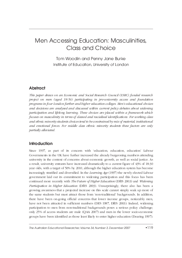 (PDF) Men accessing education: Masculinities, class and choice