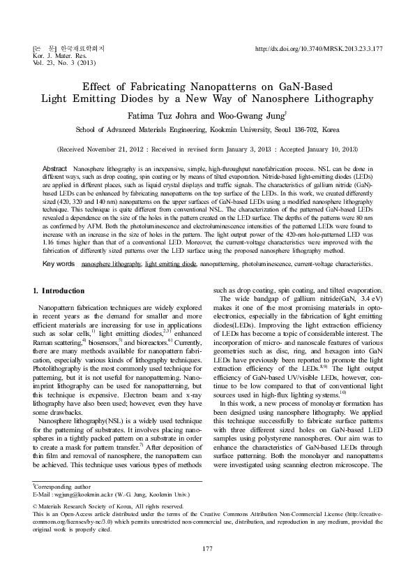 (PDF) Effect of Fabricating Nanopatterns on GaN-Based Light Emitting Diodes by a New Way of ...