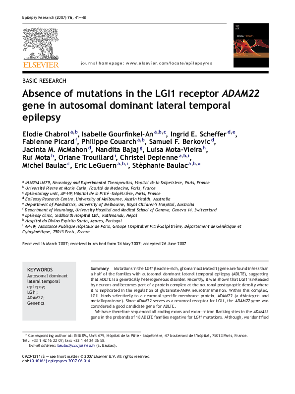 (PDF) Absence of mutations in the LGI1 receptor ADAM22 gene in autosomal dominant lateral ...