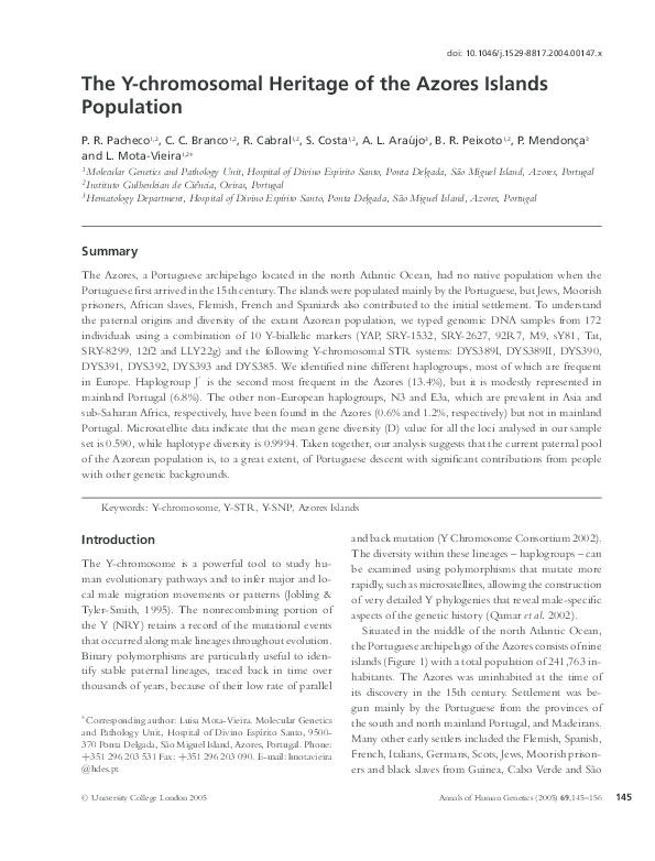 (PDF) The Y-chromosomal Heritage of the Azores Islands Population
