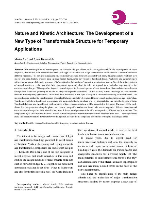 (PDF) Nature and Kinetic Architecture: The Development of a New Type of Transformable Structure ...