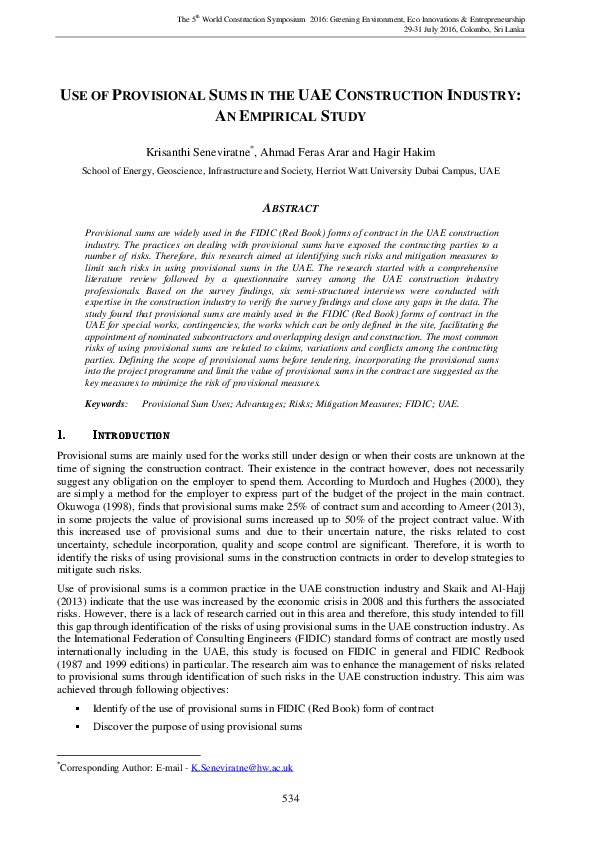(PDF) USE OF PROVISIONAL SUMS IN THE UAE CONSTRUCTION INDUSTRY: AN ...