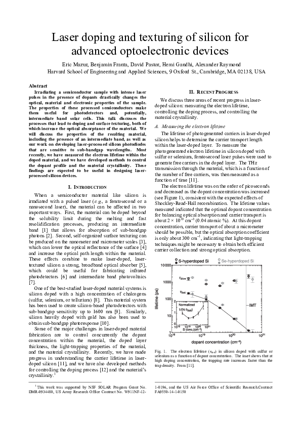 (PDF) Laser doping and texturing of silicon for advanced optoelectronic ...