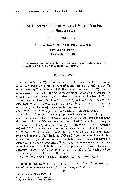 (PDF) The reconstruction of maximal planar graphs. I. Recognition