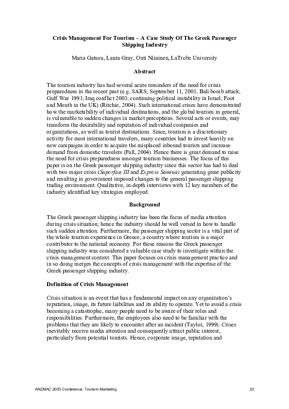 (PDF) Crisis Management For Tourism - A Case Study Of The Greek ...