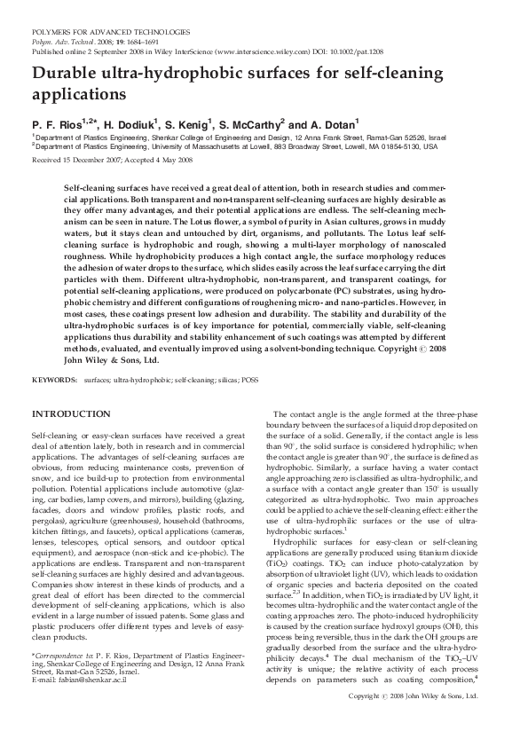 (PDF) Durable ultra-hydrophobic surfaces for self-cleaning applications