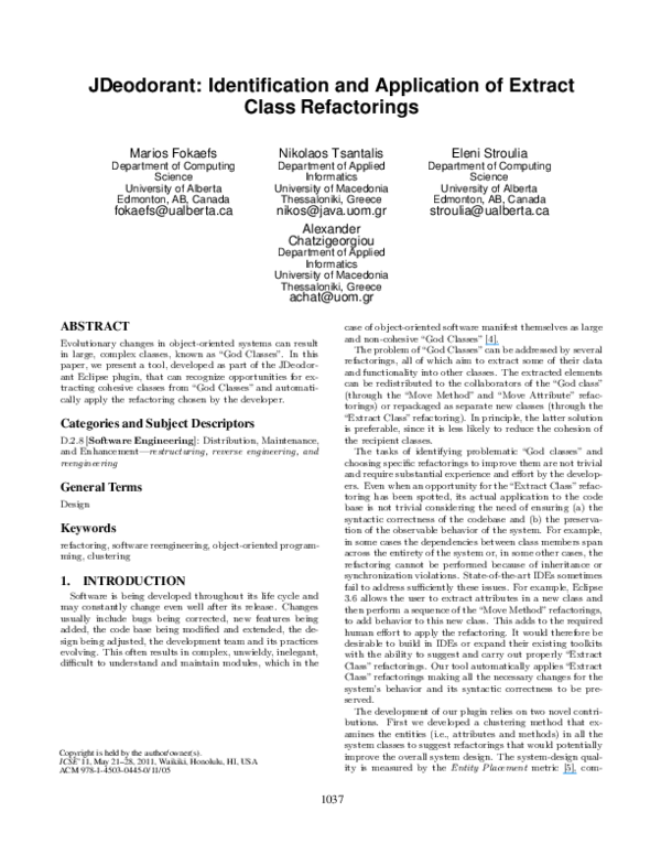 Pdf Jdeodorant Identification And Application Of Extract Class Refactorings Marios Fokaefs