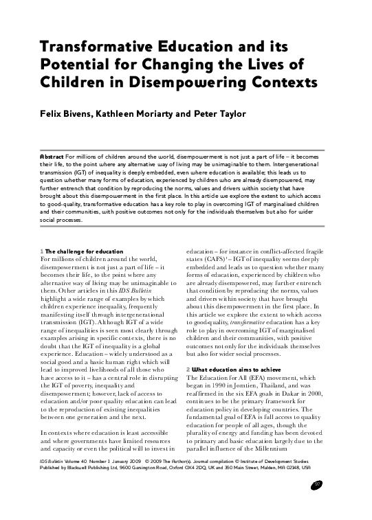 (PDF) Transformative Education and its Potential for Changing the Lives ...