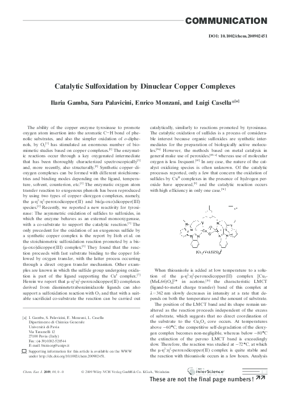 (PDF) Catalytic Sulfoxidation by Dinuclear Copper Complexes