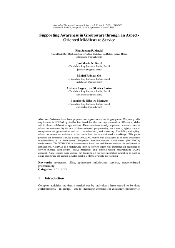 (PDF) Supporting Awareness in Groupware through an Aspect-Oriented Middleware Service