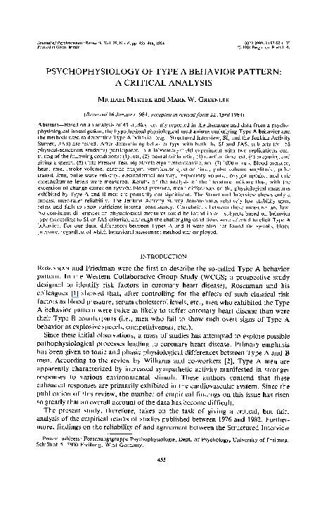 (PDF) Psychophysiology of type A behavior pattern: A critical analysis