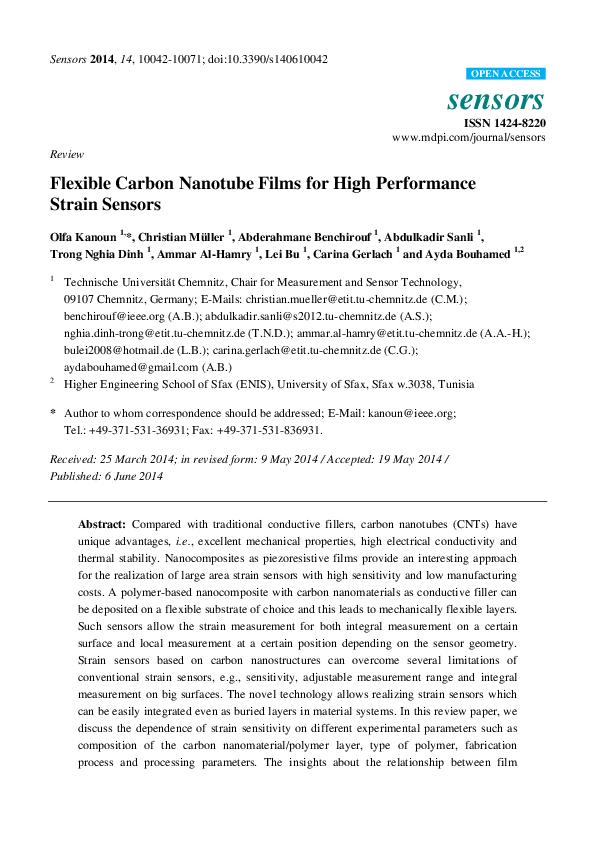 (PDF) Flexible Carbon Nanotube Films for High Performance Strain Sensors
