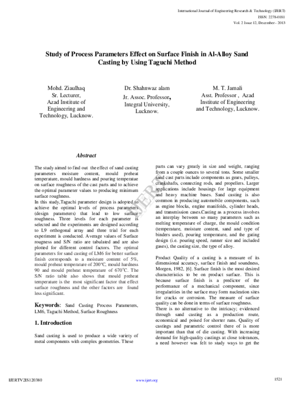 (PDF) Study of Process Parameters Effect on Surface Finish in Al-Alloy Sand Casting by Using ...