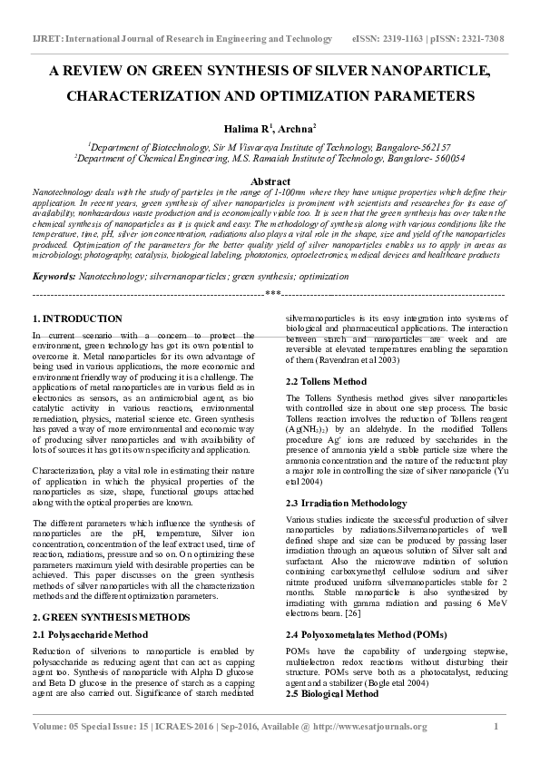 (DOC) A REVIEW ON GREEN SYNTHESIS OF SILVER NANOPARTICLE, CHARACTERIZATION AND OPTIMIZATION ...