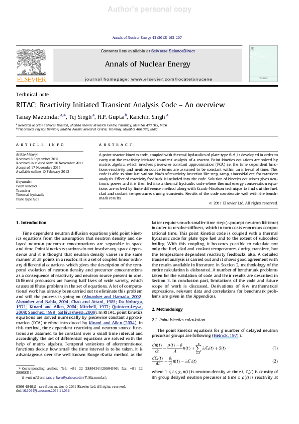 (PDF) RITAC: Reactivity Initiated Transient Analysis Code – An overview
