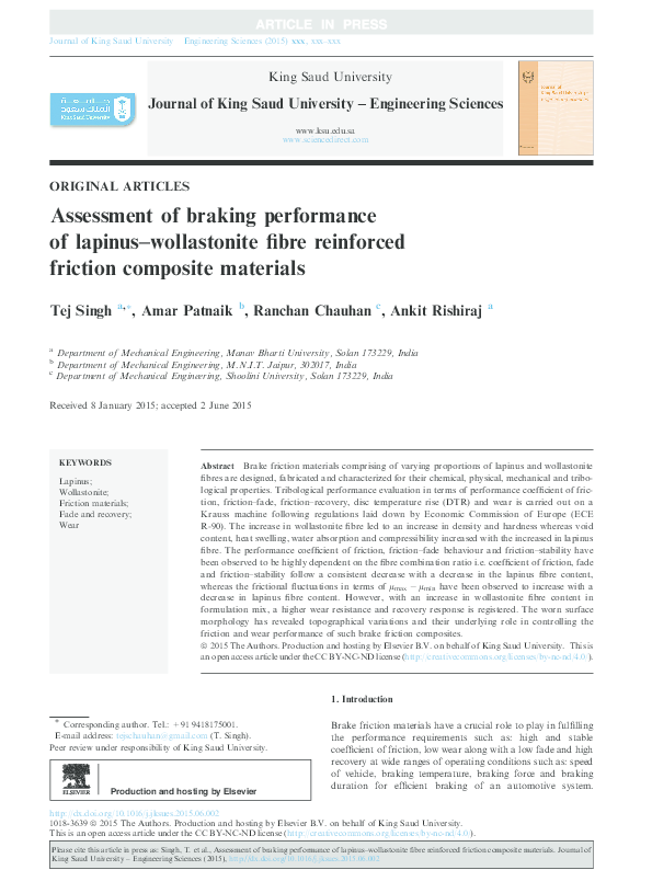 (PDF) Assessment of braking performance of lapinus–wollastonite fibre ...