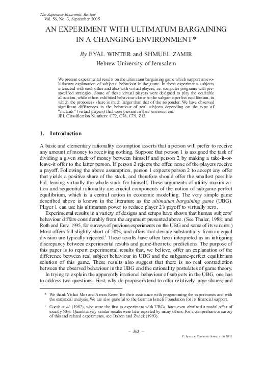 (PDF) An Experiment with Ultimatum Bargaining in a Changing Environment*