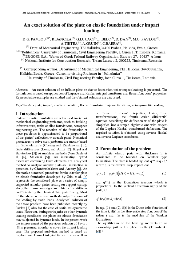 Pdf An Exact Solution Of The Plate On Elastic Foundation Under Impact Loading